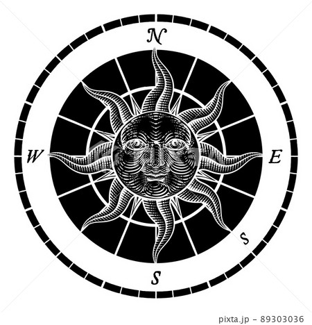 Compass Sun Face Etching Rose Woodcut Drawingのイラスト素材 [89303036] - PIXTA