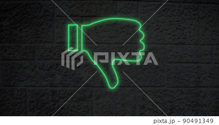 Image of glowing neon thumbs down icon on brick...のイラスト素材 [90491349 ...