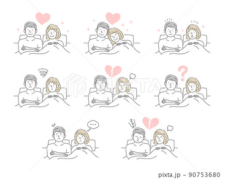 ベッドで寄り添う男女・夫婦・カップル 上半身 Sex ・性行為 表情パターンセットのイラスト素材 [90753680] Pixta