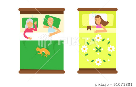 People sleeping in beds set. Top view of people...のイラスト素材 [91071801 ...