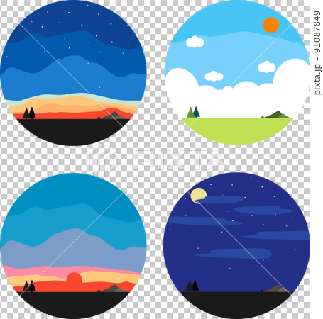 Cartoon landscape set. Sunrise, day time,... - Stock Illustration ...