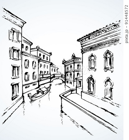 Venice Canal Line Drawing Venice Skyline With Gondola Hand Drawn