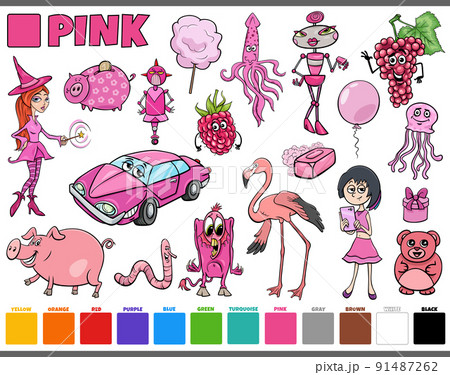 set with cartoon characters and objects in pinkのイラスト素材 [91487262] - PIXTA
