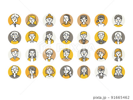 様々な人種、年齢の顔アイコンセット コミカルな手書きの人物 ベクター、温かみのある線画のイラスト素材 [91665462] - PIXTA
