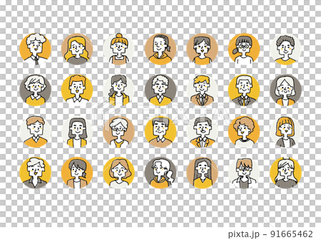 様々な人種、年齢の顔アイコンセット コミカルな手書きの人物 ベクター、温かみのある線画のイラスト素材 [91665462] - PIXTA