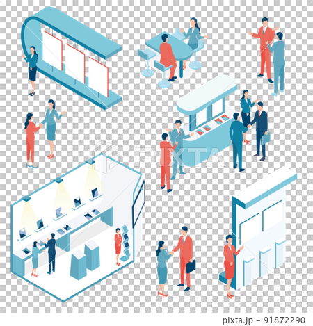 Exhibition booth isometric illustration set - Stock Illustration ...