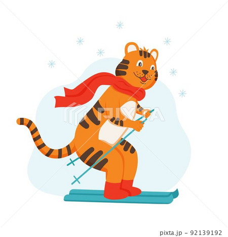 The character tiger cub rides on skis. January,...のイラスト素材 [92139192 ...