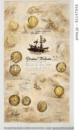 Pirate doubloons on an old papyrus. Image of...のイラスト素材 [92147939] - PIXTA