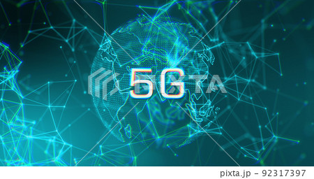 Image of rotating globe, connections and 5g on...のイラスト素材 [92317397] - PIXTA