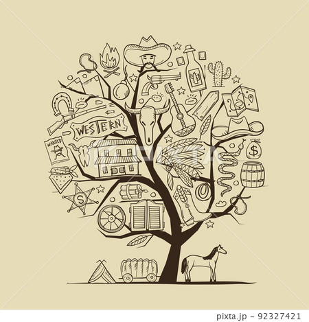 Wild Western. Art tree concept for your designのイラスト素材 [92327421] - PIXTA