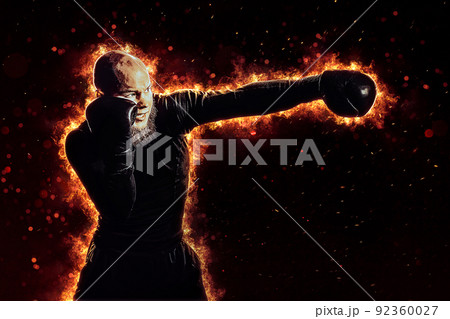 Fighter man in fire. Sport advertising. MMA boxerの写真素材 [92360027] - PIXTA
