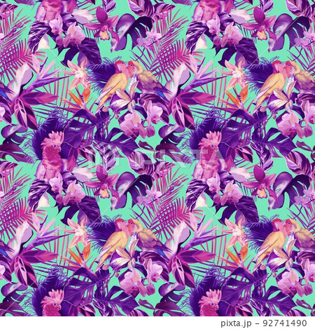 tropical watercolor seamless pattern. pink and...のイラスト素材 [92741490] - PIXTA