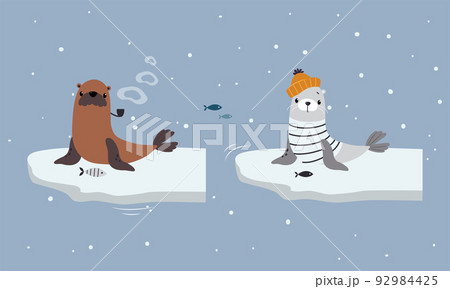 Set of cute wild polar animals. Walrus and fur...のイラスト素材 [92984425] - PIXTA