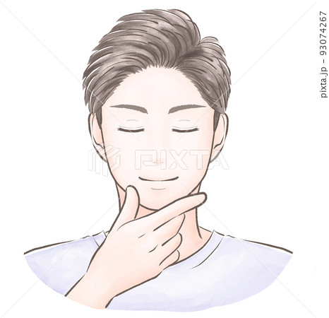 顎に手を当てて微笑む短髪の男性 閉眼 水彩風のイラスト素材 [93074267] - PIXTA