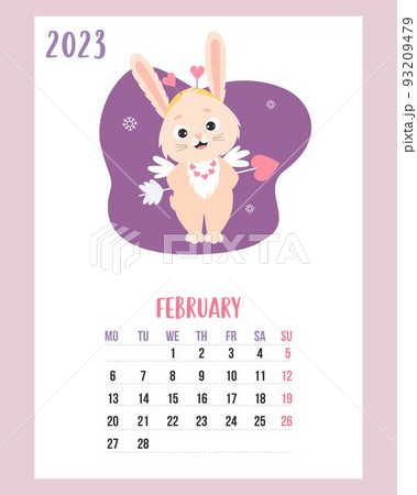 february 2023 calendar. Cute bunny cupid with...のイラスト素材 [93209479] - PIXTA