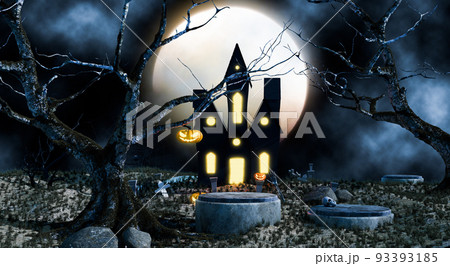 full moon night at grave with black castle,...のイラスト素材 [93393185] - PIXTA