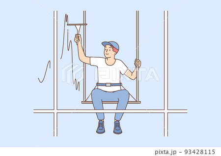 Man hanging on ropes clean building windowのイラスト素材 [93428115] - PIXTA