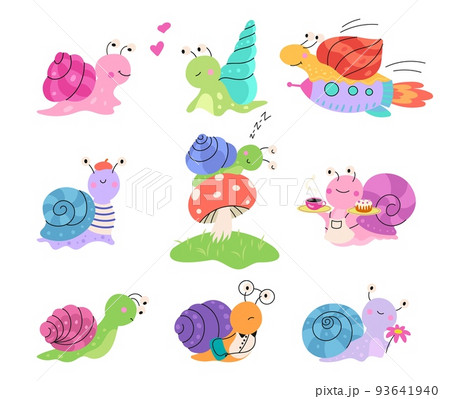Cute cartoon snail. Gastropod shell, garden...のイラスト素材 [93641940] - PIXTA