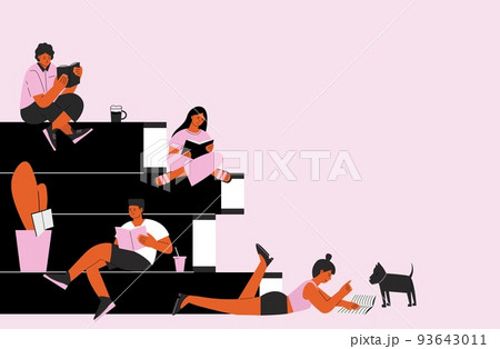 Student reading books on book pile. Studying or...のイラスト素材 [93643011 ...