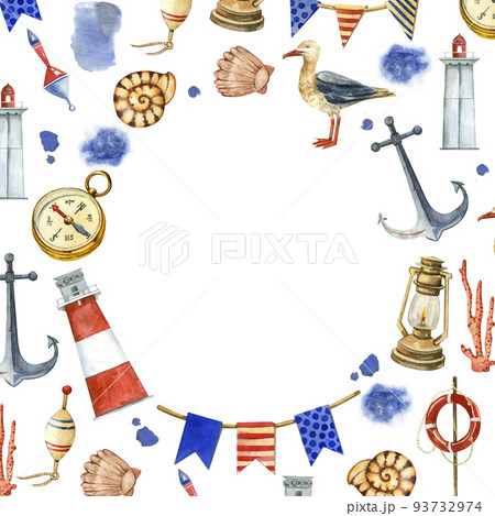 Round frame of marine elements lighthouse,...のイラスト素材 [93732974] - PIXTA