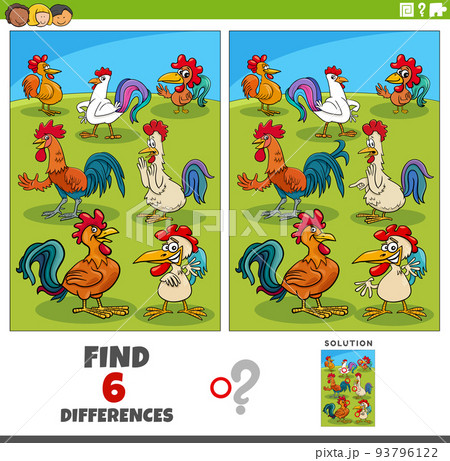 differences game with cartoon roosters farm...のイラスト素材 [93796122] - PIXTA