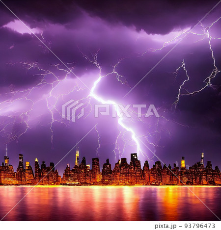 Lightning storm over fantasy city. 3D renderのイラスト素材 [93796473] - PIXTA