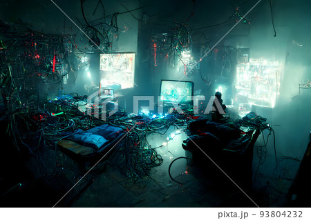 messy cyberpunk hacker hideoutwith cyan...のイラスト素材 [93804232] - PIXTA