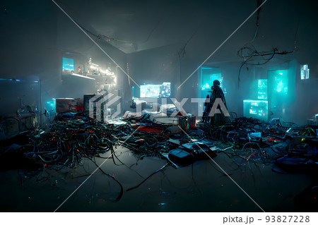 messy cyberpunk hacker hideoutwith cyan...のイラスト素材 [93827228] - PIXTA
