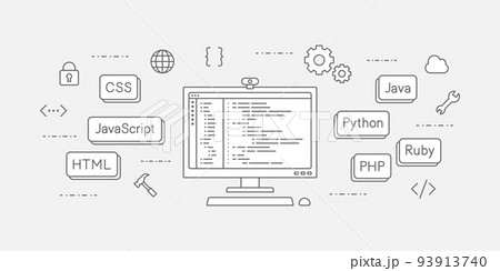 webプログラミングのコンセプトイラスト、フロントエンド・バックエンド・フルスタック開発のイメージ図のイラスト素材 [93913740 ...