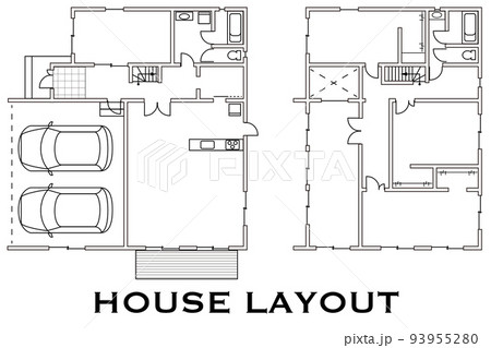架空のビルトインガレージ付き戸建住宅 シンプルな一軒家の間取り 平面図のイラスト素材 [93955280] - PIXTA