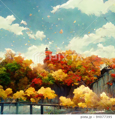 anime autumn scenery with falling leaves in day...のイラスト素材 [94077395 ...