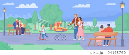 Family pram in park. Father mother walk with...のイラスト素材 [94163760] - PIXTA