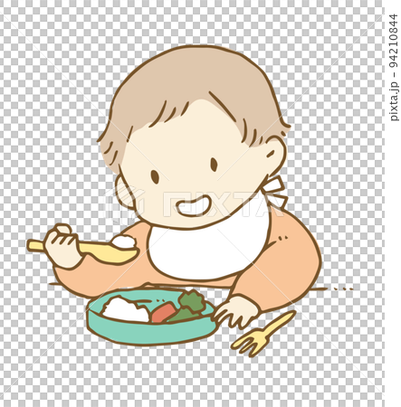 A baby eating rice with a spoon and fork... - Stock Illustration ...