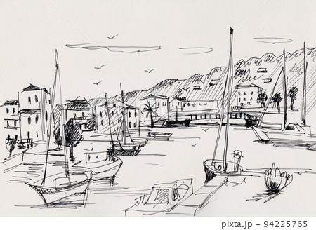 yachts on the pier in the port, sketchのイラスト素材 [94225765] - PIXTA