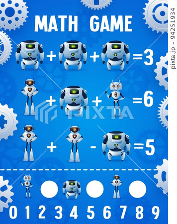 Math game worksheet of cartoon robots and...のイラスト素材 [94251934] - PIXTA