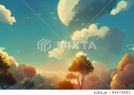 Summer warm sun light forest aerial view, anime...のイラスト素材 [94479983 ...