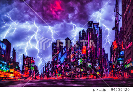 Lightning strikes over the skyline of fantasy cityのイラスト素材 [94559420 ...