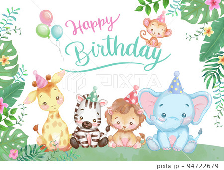 かわいい動物の水彩タッチのイラスト。お誕生日のベクターデザイン。 Happy Birthdayのイラスト素材 [94722679] - PIXTA
