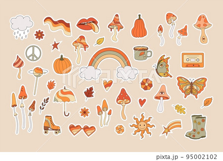 Set of 70s fall vibe stickers. Retro mushroom,...のイラスト素材 [95002102] - PIXTA