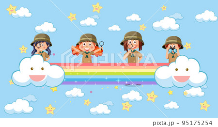 Happy kids in in the sky with rainbowのイラスト素材 [95175254] - PIXTA