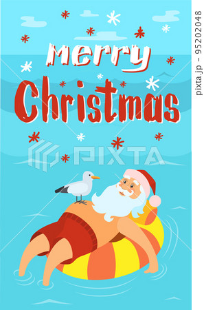 Merry Christmas, Santa Claus on Life Buoy, Seagullのイラスト素材 [95202048 ...