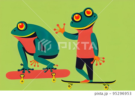 A skater frog, 2d illustration. Young casually...のイラスト素材 [95296953] - PIXTA