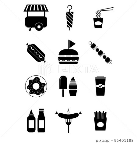 Street food icon set. Fast food sign. Icon food...のイラスト素材 [95401188 ...