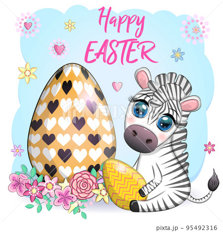 Zebra with Easter egg, flowers. Easter greeting...のイラスト素材 [95492316 ...