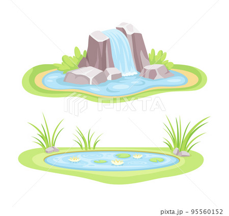Water Resources with Pond and Waterfall Vector Setのイラスト素材 [95560152 ...
