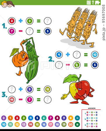 addition and subtraction task with cartoon food...のイラスト素材 [95697008 ...