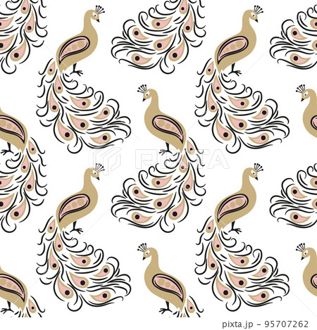 Seamless hand drawn golden peacock bird patternのイラスト素材 [95707262] - PIXTA