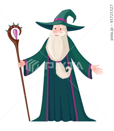 Cartoon wizard character with wand isolated on...のイラスト素材 [95725327] - PIXTA