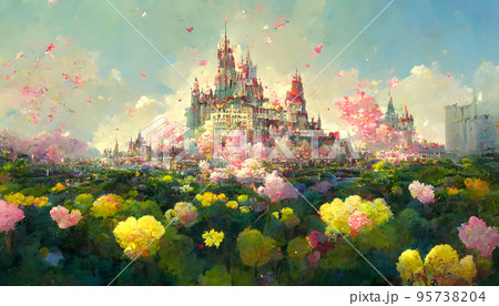 dreamy castles at sunny spring day with pink...のイラスト素材 [95738204] - PIXTA