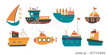 Doodle ship and boat kid clipart. Hand drawn...のイラスト素材 [95753660] - PIXTA